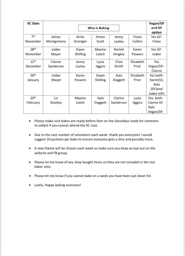 XC Bake off cake rota - Witham Running Club